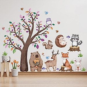 Suplanet Woodland Animals Wall Decals Tree Wall Stickers Fox Squirrel Deer Hedgehog Rabbit Bear Owl Raccoons Wall Decor for Boys Bedroom Baby Nursery Kids Bedroom Living Room