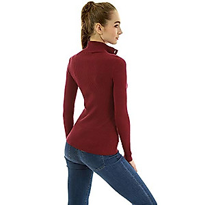 AmélieBoutik Women Button Up V Neck Ribbed Pullover Sweater with Pocket (Burgundy Small)