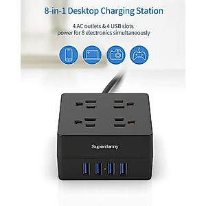 Power Strip, SUPERDANNY 4-Outlet 4-USB Surge Protector, 5 Ft Extension Cord, 900 Joules, Overload Switch, Grounded, Mountable, Desktop Charging Station for Home, Office, School, Dorm, Computer, White