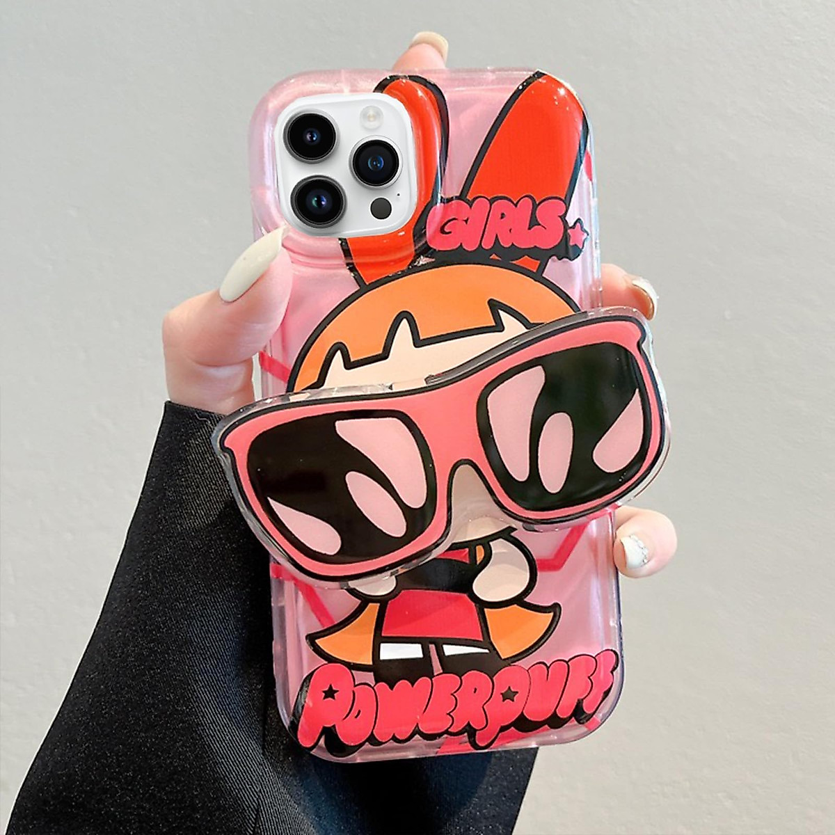 Jerisln for iPhone 13 Pro Max Cute Kawaii Cartoon Case Cool Sunglasses Shape Stand Finger Grip Holder Bracket Design for Women Girls Protective Cover for iPhone 13 Pro Max 6.7 Inch (Pink)