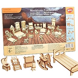 BOHS 34-Piece Dollhouse Furniture Set - Laser Cut Wooden 3D Puzzles - Miniature Doll House DIY Models and Accessories