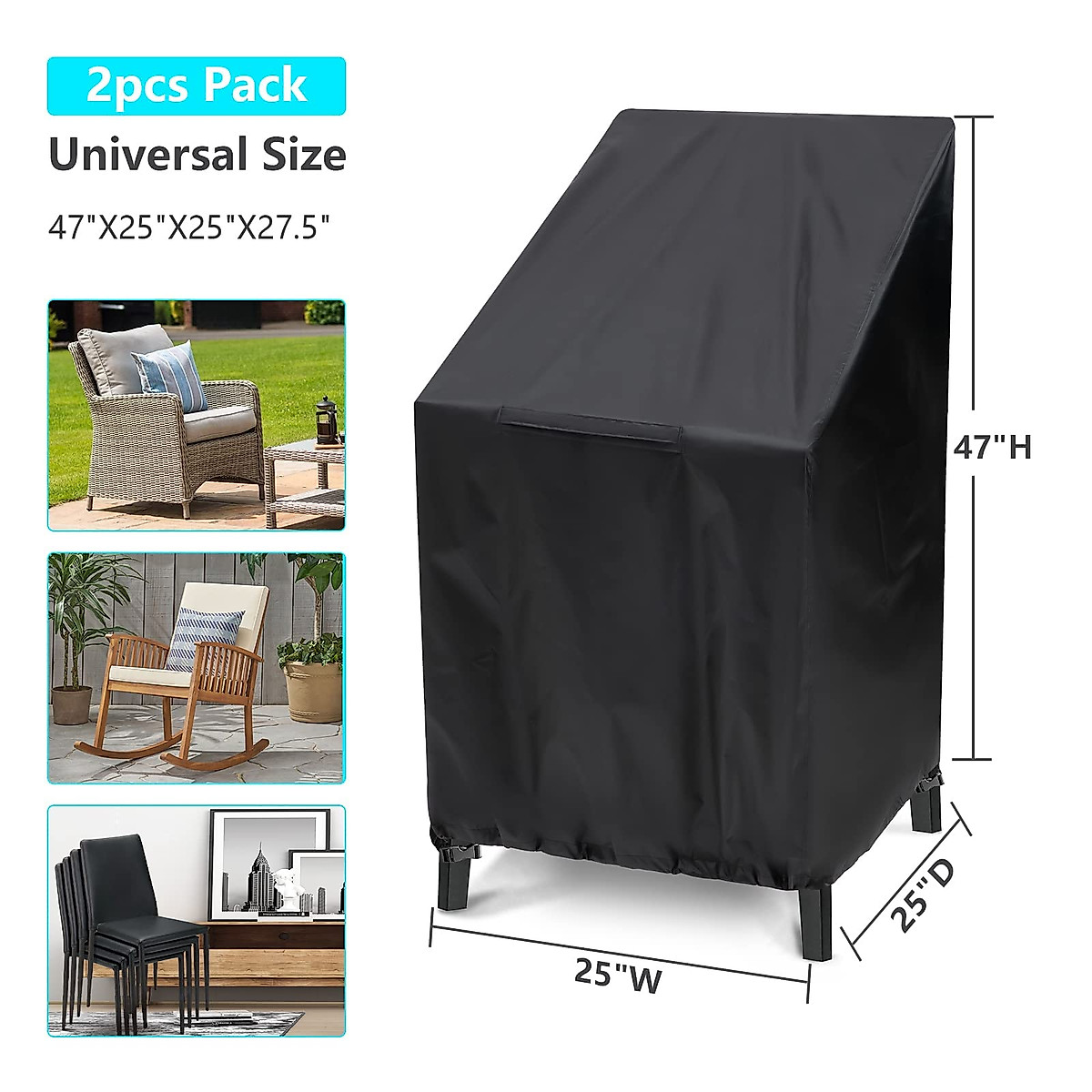 HENAYUK Outdoor Chair Covers-2 Pack Waterproof Garden Patio Chair Covers Dust Proof, Rainproof and Snow Proof High Back Patio Stacking Chair Covers 47×25×25×27.5 in Outdoor Furniture Cover