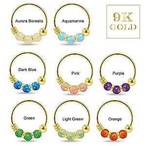 PiercingPoint Triple Blue Opal Stone 9K Solid Yellow Gold 22 Gauge Hoop Nose Ring - Cartilage Hoop - Tiny Nose Hoop - Tragus Ring