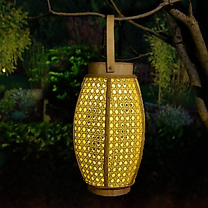Solar Lanterns Outdoor Hanging - Outable Solar Rattan Woven Lantern Lamp with Handle for Hanging, Auto ON/Off Table Lantern Garden Patio Yard Home Decoration with Warm LED Light
