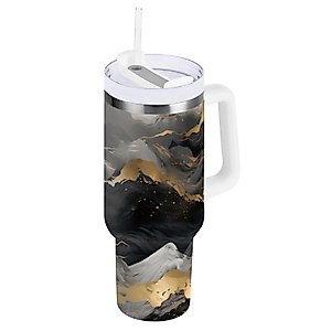 ALAZA Black & Gold Marble Mountain 40 oz Tumbler Stainless Steel Water Bottle Vacuum Insulated Cup with Straw Lid & Handle For Travel Car Cup Holder