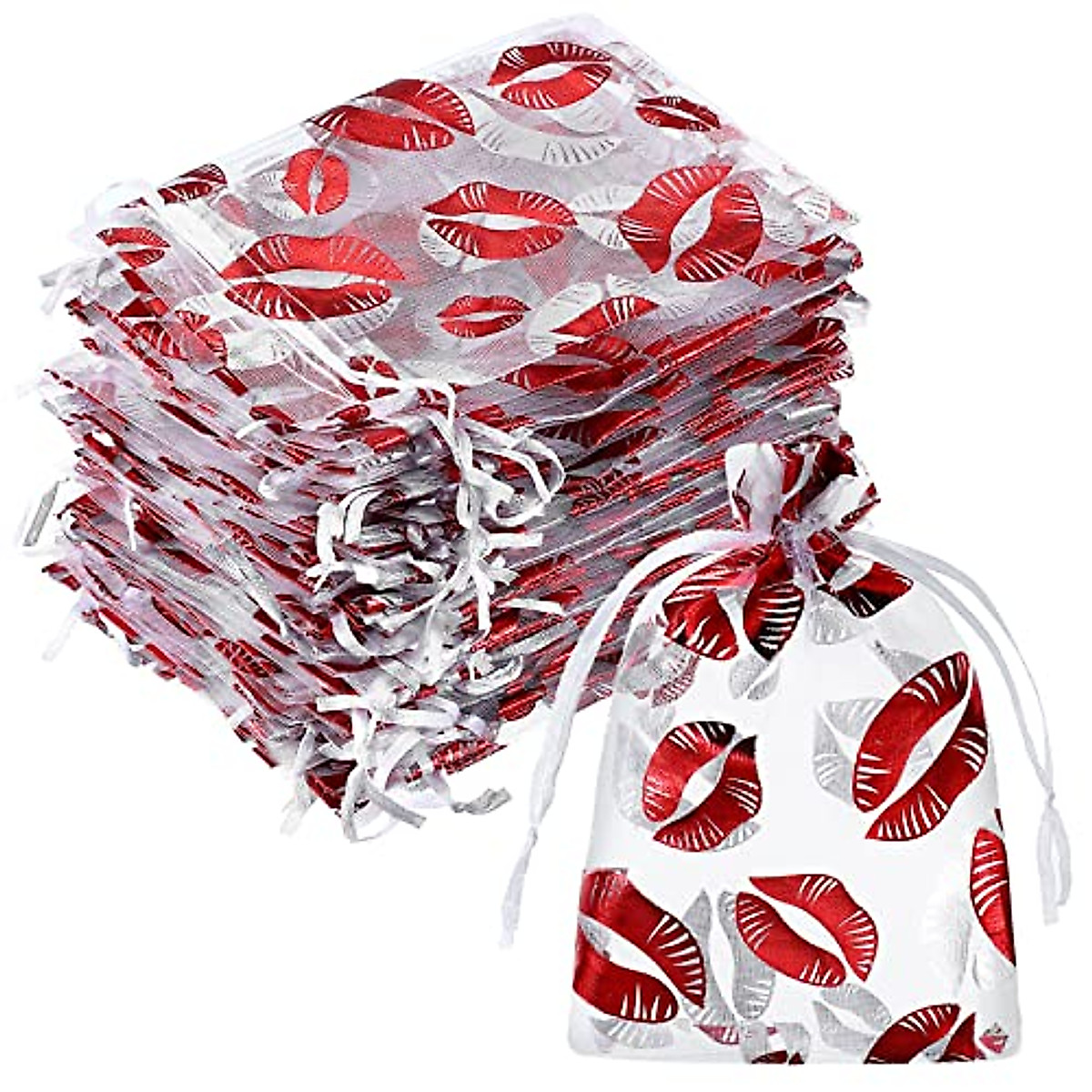 100 Pcs Valentine's Day Organza Bag with Drawstring, Sheer Red Lip Printed Jewelry Gift Pouch, 4 x 6 Inch Mesh Small Favor Bags for Girls Valentines Day Wedding Spa Sleepover Party Decorations
