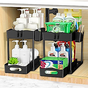Under Sink Organizer, 2-Tier Sliding Under Sink Organizers and Storage Black, Multi-purpose Under Cabinet Storage for Kitchen Bathroom with Hooks, Hanging Cup, 2 pack