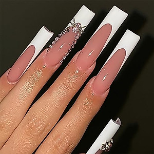 Halloween French Tip Press on Nails Long Metal Spider Glue on Fake Nails Long Square Acrylic Nails Glossy Pink White False Nail Tips Full Cover Finger Decorations Artificial Nails for Women 24Pcs