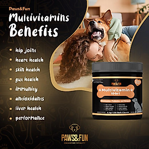Paws&Fun – Dogs Supplement Multivitamin + Glucosamine for Hip & Joint + Probiotics for Digestion + Omega 3 Salmond Oil for Skin and Coat; 10 in 1 Chews (Peanut Butter 120ct)