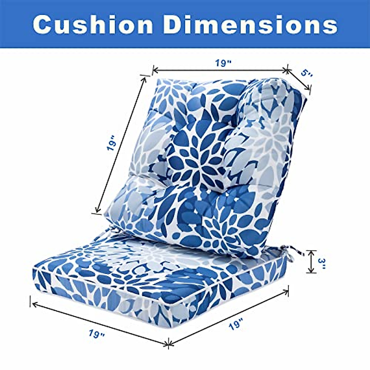 JMKaixin Outdoor Seat/Back Deep Chair Cushion Set for Patio Furniture - Lounge Chair Cushions with Ties - Water-Resistant Patio Chair Cushions 19x19 (Blue and Grey)