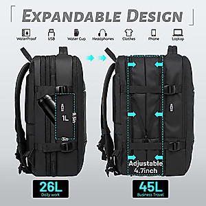 Bange 45L Travel Backpacks Expandable Luggage Backpack USB Charging Port Flight Approved Carry On Backpack With Wet Pocket Water Resistant Business Backpack 17.3 In Laptop College Daypack Black Large