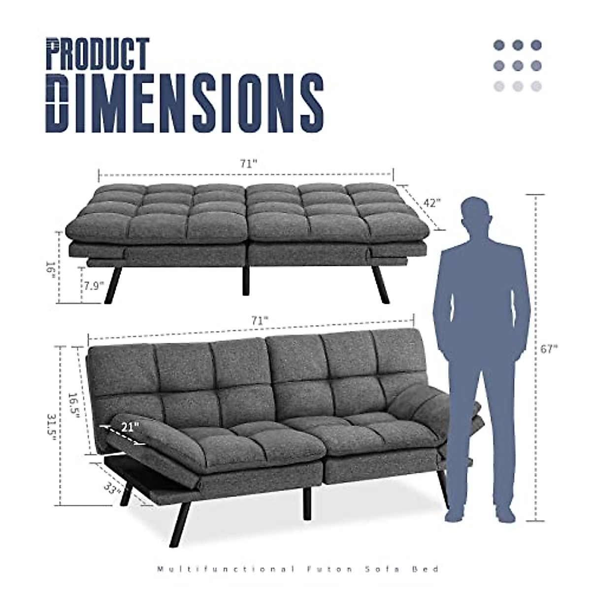 IULULU Sofa Bed, Modern Convertible Futon Sleeper Couch Daybed with Adjustable Armrests for Studio, Apartment, Office, Small Space, Compact Living Room, Grey