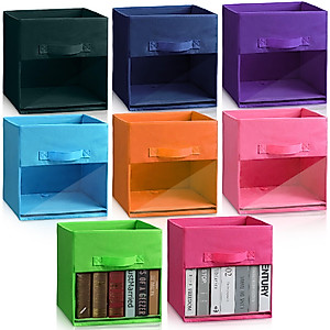 Windyun 8 Pcs 11 Inch Foldable Fabric Cube Storage Bins See Through Cubby Storage Organizer Boxes with Clear Window and Front Handle Collapsible Cubicle Baskets for Room Closet Shelf Cloth Book Toy