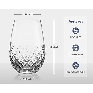 SHOSHIN - Hand Cut Stemless Wine Glass Set of 4, Large 18 oz Crystal Wine Glass, Wine Tumblers for Red and White Wine, Water Glasses, Drinking Glasses