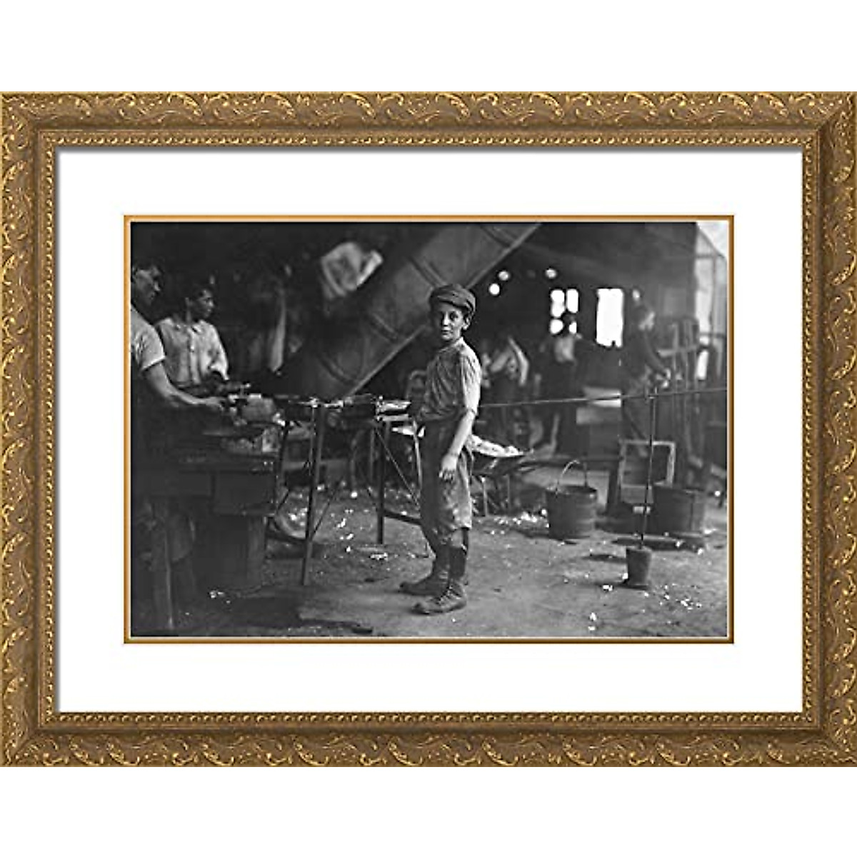 ArtDirect Hine, Lewis Wickes 24x19 Gold Ornate Framed Art Print with Double Matting Titled: Photograph of Glass Factory Worker Rob Kidd