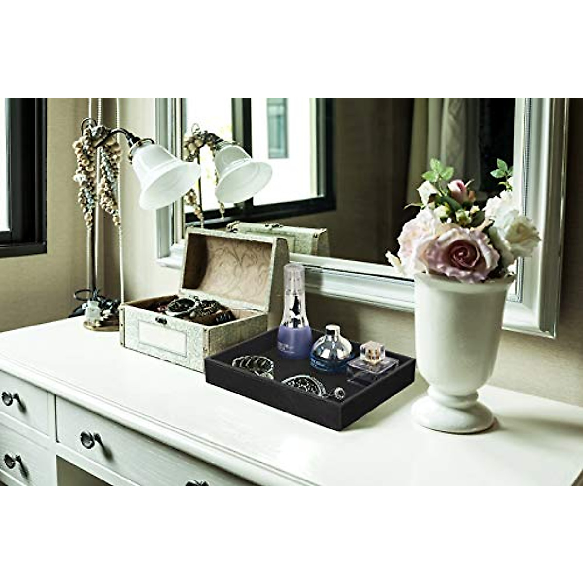 HofferRuffer Faux Leather Vanity Tray, Elegant Desktop Storage Organizer, Decorative Catchall Perfume Tray, Bathroom Valet Tray, Nightstand or Dresser Organizer, Black, 10.2 x 8.4 x 1.8 inches