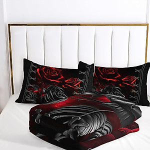 AILONEN Red Rose Comforter Set Full Size, 3D Red Floral Bedding Set,Red and Black Comforter Sets,Red Rose Duvet Set 3 Pieces, 1 Quilt and 2 Pillowcases