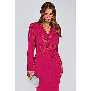 PRETTYGARDEN Women's Fall Fashion 2023 Long Puff Sleeve Maxi Dresses V Neck Twist Front Formal Dress with Slit (Rose Red,Medium)