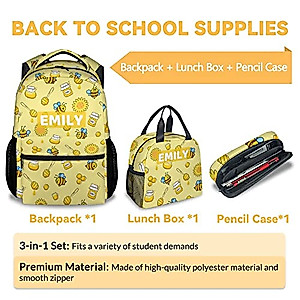 PAKKITOP Custom Bee Backpack with Lunch Box and Pencil Case Set, Personalized 3 in 1 Matching Kids Girls Yellow Backpacks Combo, Cute School Bookbag and Pencil Case Bundle