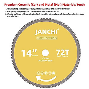 14" 72T Steel and Ferrous Metal Saw Blade with 1" Arbor, TCG Ceramic Metal Teeth for Cuts Variety of Mild Steel Profiles Pipe,Steel Studs,Channel,Angle Iron,Plates,Bars,Tubes,EMT Conduit,Thread Rod