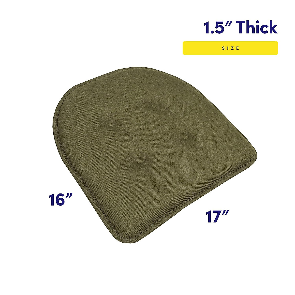 Sweet Home Collection Chair Cushion Memory Foam Pads Tufted Slip Non Skid Rubber Back U-Shaped 17" x 16" Seat Cover, Army Green 6 Count