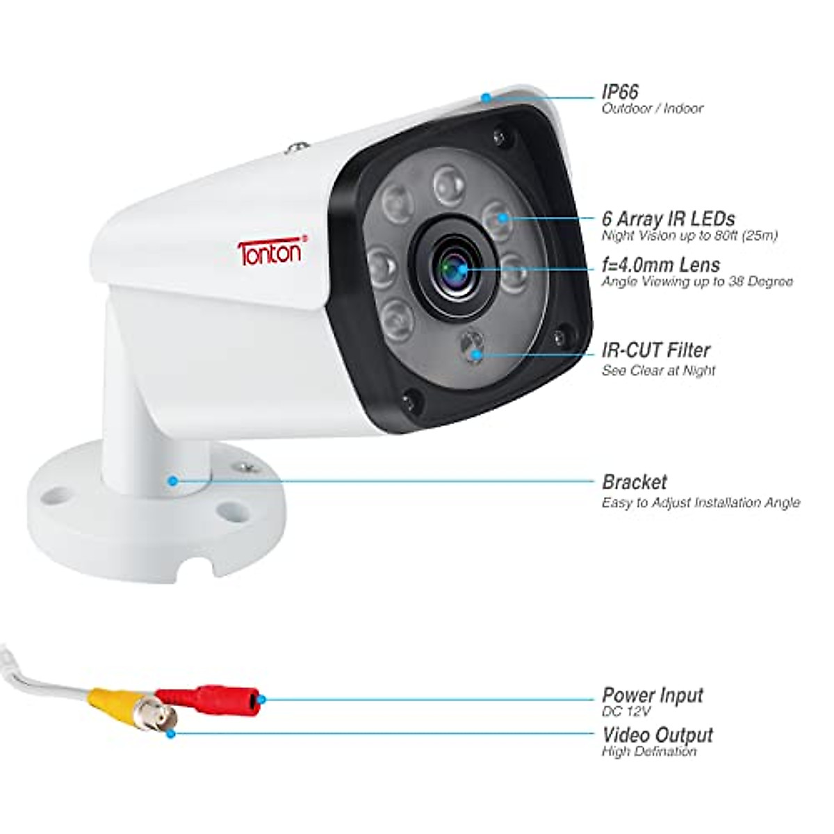 Tonton 4 Pack 1080P Wired CCTV HD Security Analog Bullet Camera Outdoor,Supports HD TVI Model,Aluminum Metal Housing,90° Viewing Angle,Suitable for Hybrid 5 in 1 DVR Recorder