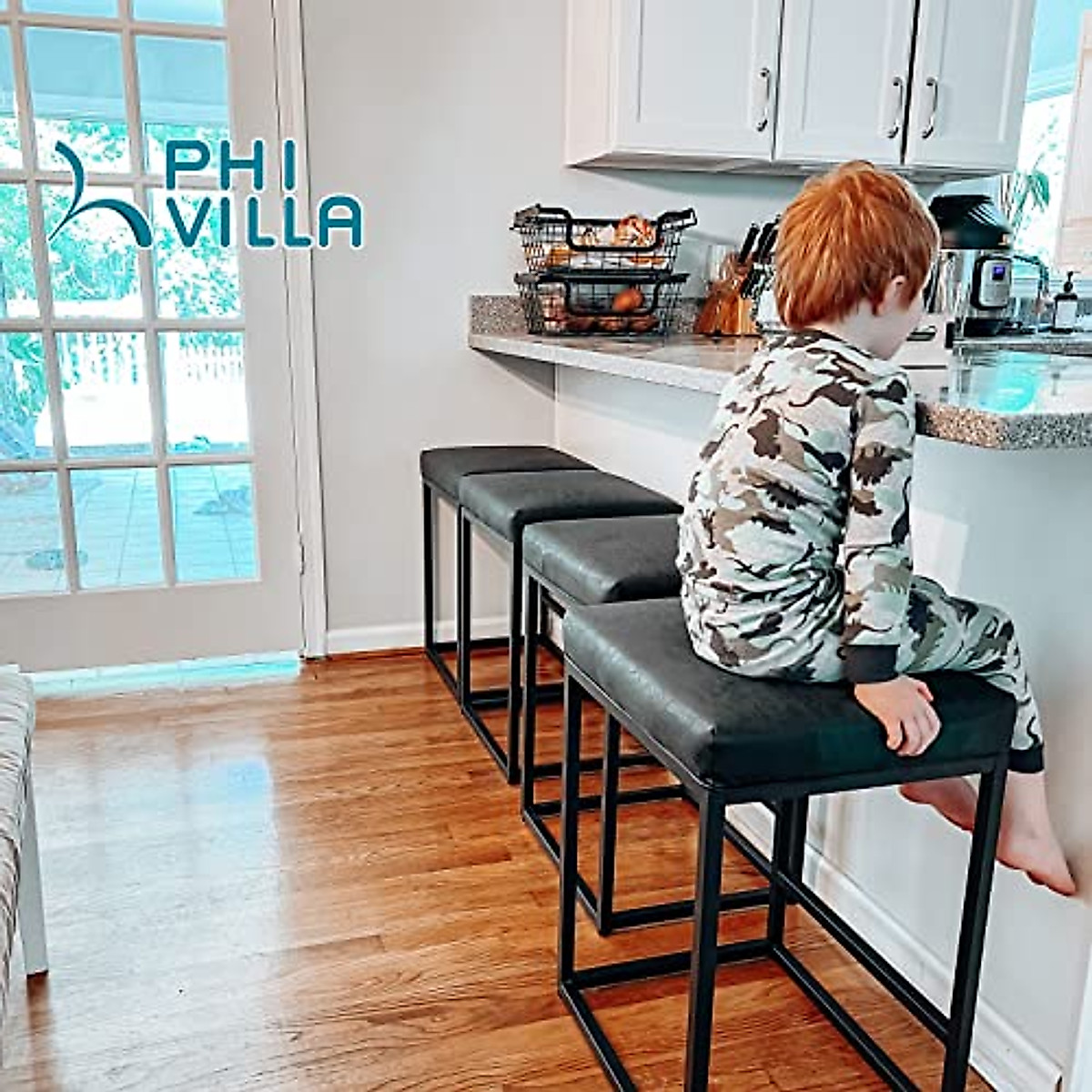 PHI VILLA Bar Stools Counter Heighr Set of 4, Backless, 24 inches, Square, Black, 4 Packs