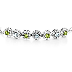 Gem Stone King 925 Sterling Silver Green Peridot and Sky Blue Aquamarine Tennis Bracelet For Women (2.18 Cttw, Gemstone August Birthstone, 7 Inch with 2 Inch Extender)