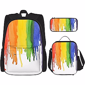 3 Piece Set Backpacks Colorful Love Watercolor Iridescent Gay Lesbian LGBT Yellow Backpack 3 Piece Set for Boys and Girls Cute Axolotl Fish backpack(School Bag + Pencil Case + Lunchbag Set)