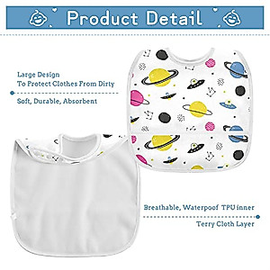 Kigai Cosmos Ufo Alien Baby Bibs for Baby Boy Girl, Waterproof Soft Cotton Washable Feeding Bibs Adjustable Snaps, Scraps Pocket, 2 Pack