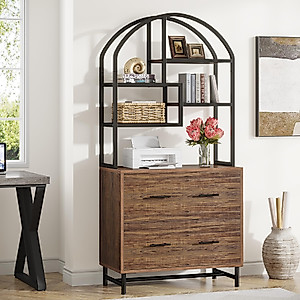 Tribesigns 4-Tier Bookshelf with 2 Drawers, Industrial Open Book Shelf Arched Bookcase, 70.8" Tall Storage Shelves Display Rack with LED Light and Metal Frame for Living Room (1, Grey)