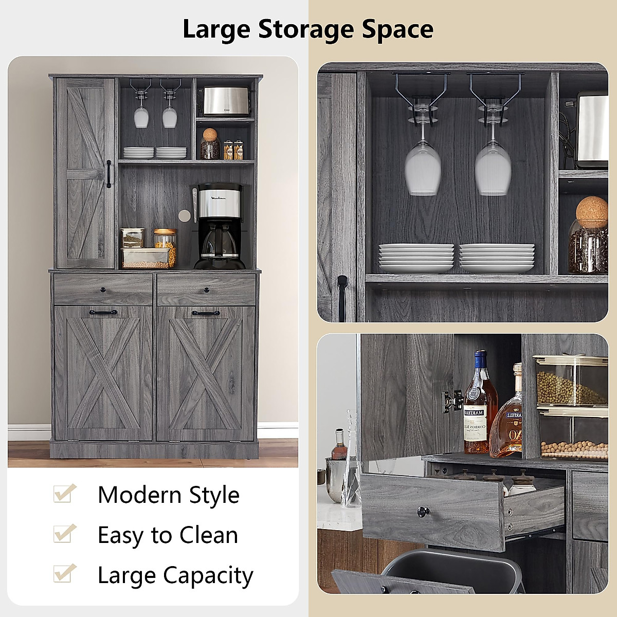 Bocarali Double Tilt Out Trash Cabinet, 20 Gallon Wood Free Standing Storage Cabinet with Drawers Shelves Wine Rack, Kitchen Garbage Can Recycling Bin Cabinet for Farmhouse Kitchen Living Room, Gray