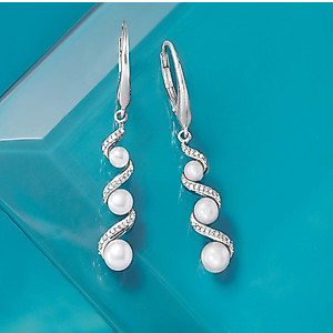 Ross-Simons 3.5-5mm Cultured Pearl and .10 ct. t.w. Diamond Drop Earrings in Sterling Silver