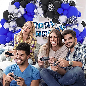 Royal Blue and Black Silver Balloon Garland Arch Kit - 122PCS Blue Black Balloons Metallic Silver Confetti Balloons Video Gaming Party Supplies for Boy Video Cards Gamer Fan Men 20th 30th 40th 50th Birthday Retirement Party Decorations Men