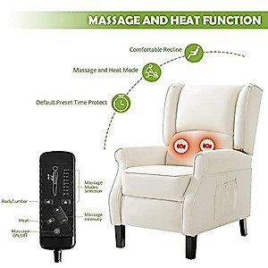 LEISLAND Wingback Recliner Chair with Massage and Heat, Tufted Fabric Arm Chair Sofa, Fabric Accent Chair for Reading, Living Room and Bedroom (Cream)