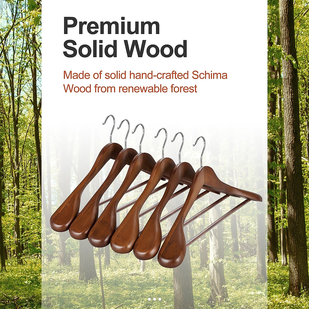 TOPIA HANGER Wide Shoulder Wooden Hangers, Suit Hangers with Non Slip Pants Bar & 360° Swivel Hook, Solid Wood Heavy Duty Coat Hanger, 6 Pack (Walnut)-CT02WA