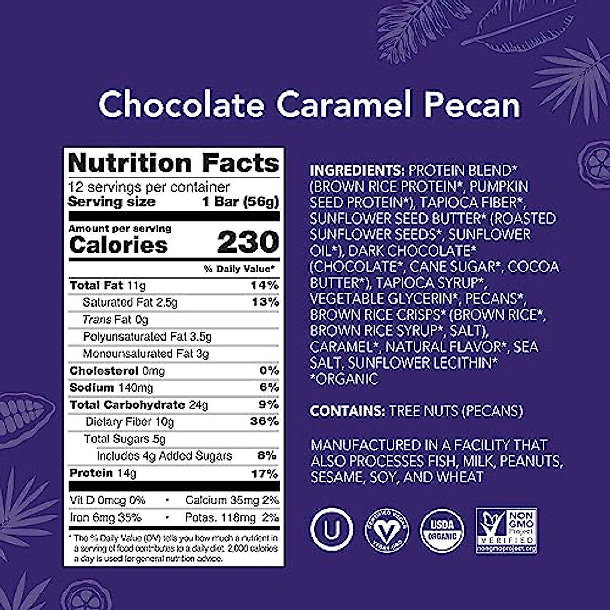 ALOHA Organic Plant Based Protein Bars | Chocolate Caramel Pecan | 12 Count, 1.98oz Bars | Vegan, Low Sugar, Gluten Free, Paleo Friendly, Low Carb, Non-GMO, Stevia Free, Soy Free, No Sugar Alcohol Sweeteners