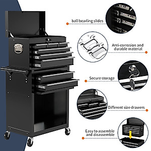 8-Drawer Rolling Tool Chest & Portable Tool Box with 2 Handles, Lockable Rolling Tool Box with 4 Hooks, Large Capacity Garage Storage Tool Cabinet for Warehouse, Repair Shop(Black)