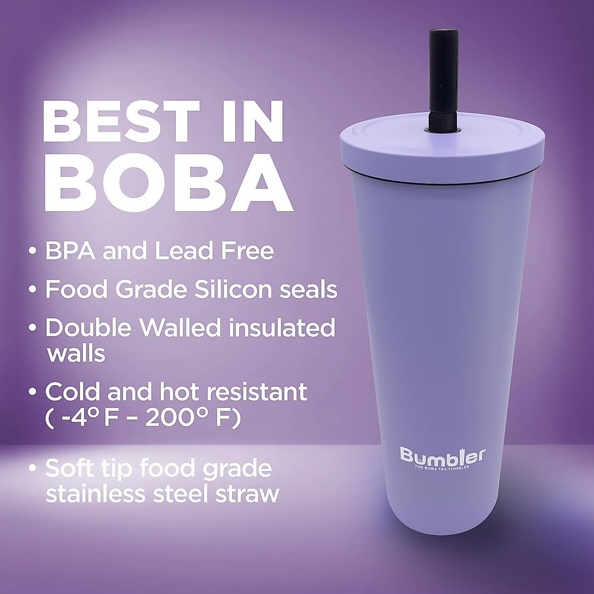 Stainless Steel Bubble Tea Cup - Bumbler 24oz Large Reusable Eco-Friendly Tumbler with Wide Soft Tip Metal Straw, Leak-Proof Lid - for Boba, Smoothies, Iced Coffee, Hot or Cold Drinks - Lavender