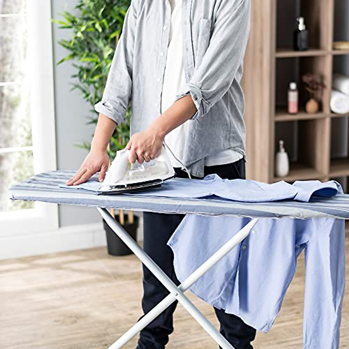 Ironing Board Full Size; Made in USA by Seymour Home Products (Blue Stripe) Bundle Includes Cover + Pad | Iron Board w/Steel T-Legs Adjustable Tabletop up to 36" High; Perforated Top for Steam Flow