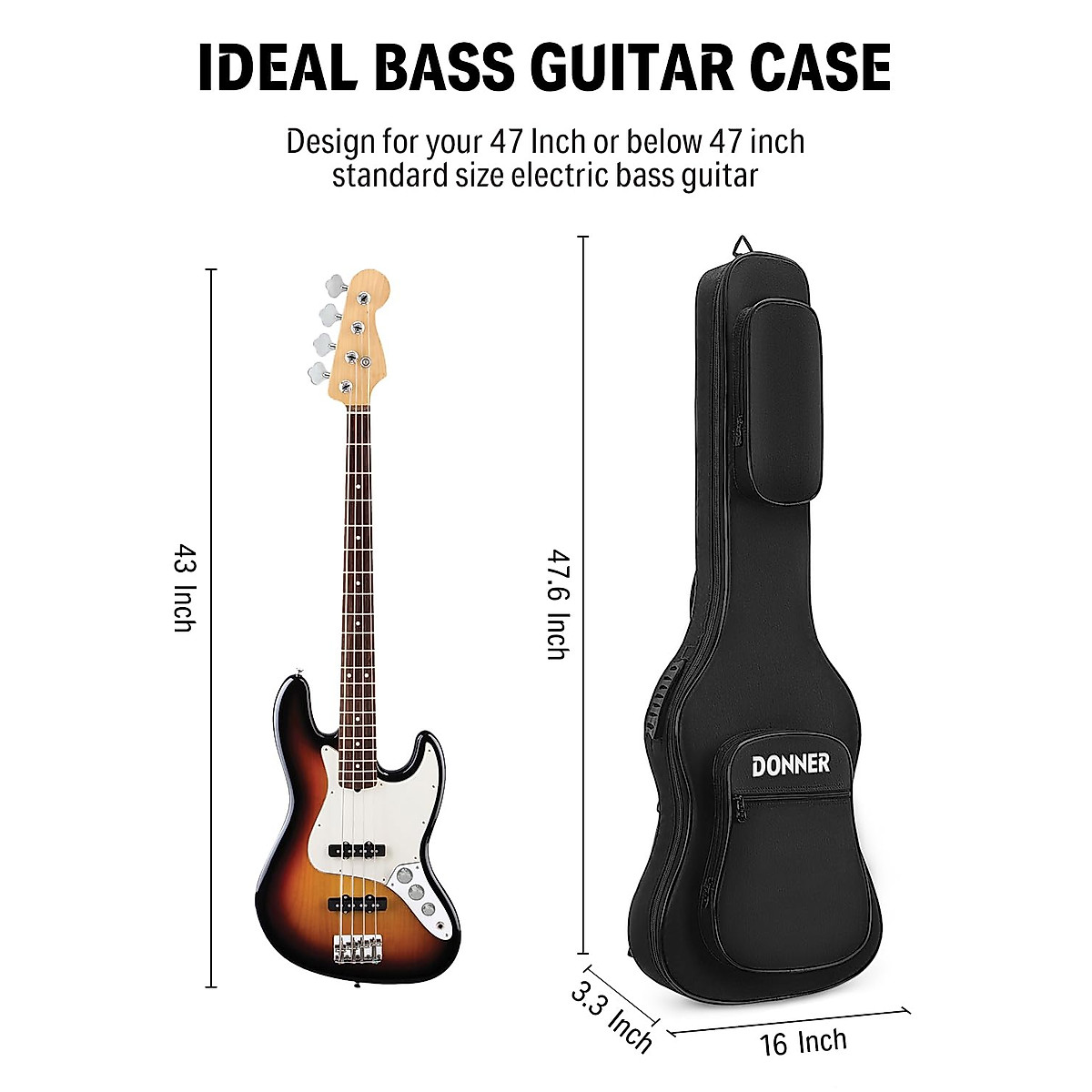 Donner 47 Inch Bass Guitar Case, 0.4 Inch Thick Padding Sponge 600D Ripstop Waterproof Nylon Soft Electric Bass Guitar Gig Bag with 3 Pockets and Back Hanger Loop, Black