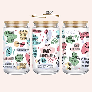 LEADO My Daily Affirmations Cups, 16 oz Glass Cups with Lids and Straws - Mental Health Gifts, Mindfulness Gifts, Inspirational Gifts for Women, Christmas, Birthday Gifts for Female Friends
