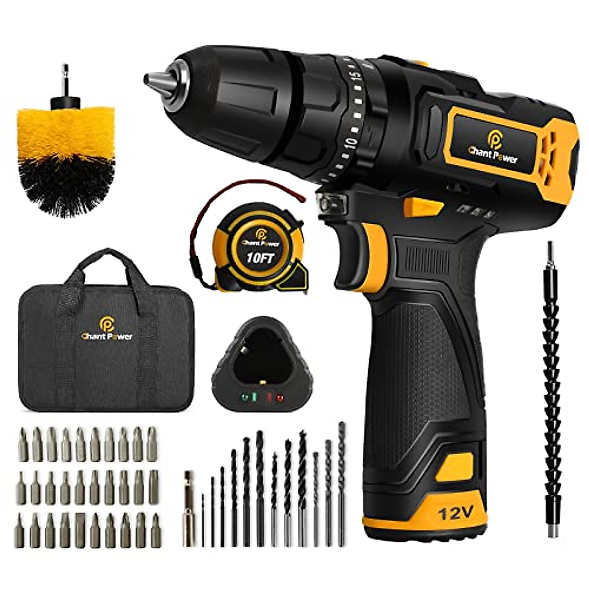 C P CHANTPOWER Cordless Hammer Drill, 12V Impact Drill Set with Dual-Speed, 21+1+1 Torque Settings, 3/8’’ Keyless Chuck, 45pcs Accessories Bits, Fast Charger with Tool Bag