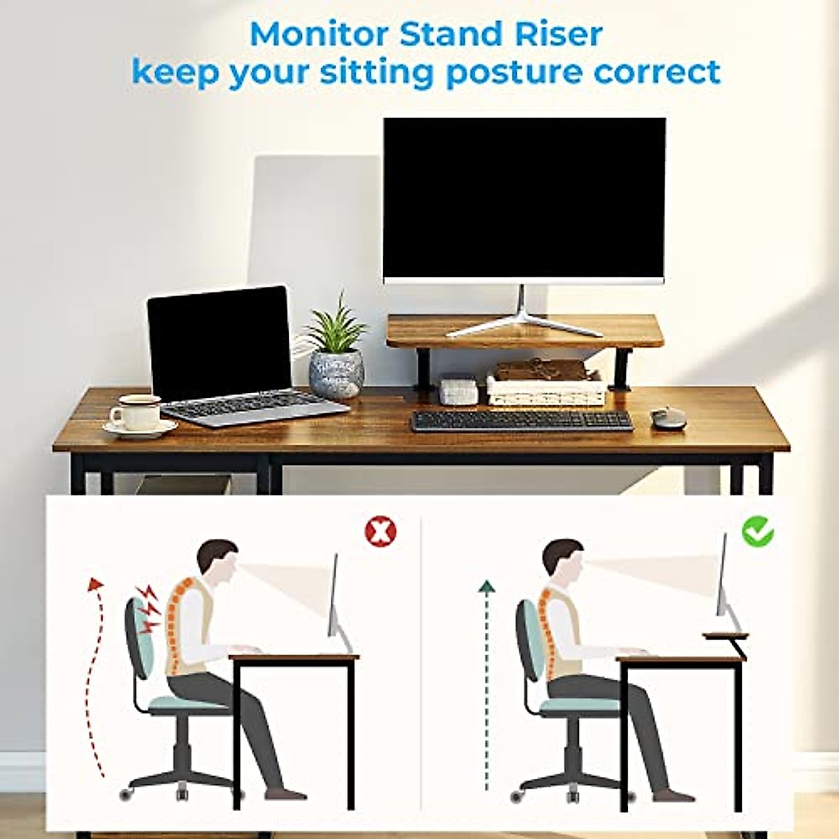 GreenForest 39 inch Walnut Computer Desk with Monitor Stand and Reversible Storage Shelves and 69 inch L Shaped Desk with Drawers and with Power Outlet
