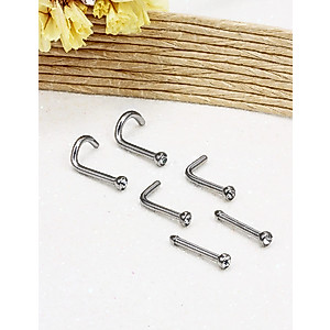 Vsnnsns G23 Titanium Nose Rings for Women 18G Bone L Shaped Nose Studs Screw Nose Rings CZ 2mm Titanium Nose Piercing Jewelry for Men 6Pcs