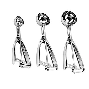 Ice Cream Scoop with Trigger Set of 3, 18/8 Stainless Steel Metal Small Medium Large Cookie Dough Scoop for Baking Melon Ball Cupcakes 1+1.5+2 Tablespoon