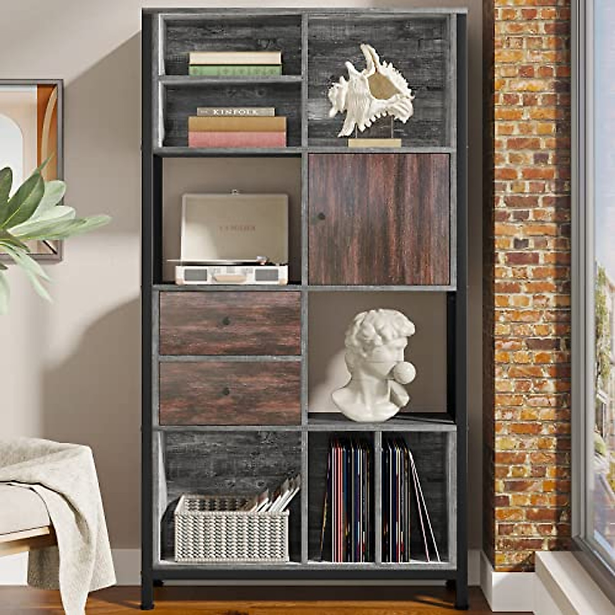 AOGLLATI 6-Tier Industrial Bookshelf, Bookcase with Cabinet and 2 Fabric Drawers, Adjustable Display Shelves with Metal Frame, Standing Storage Shelf for Living Room Bedroom Kitchen Home Office