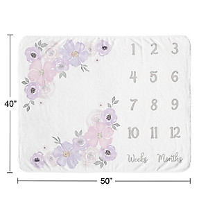Sweet Jojo Designs Watercolor Floral Girl Milestone Blanket Monthly Newborn First Year Growth Mat Baby Shower Memory Keepsake Gift Picture - Lavender Purple, Pink and Grey Boho Shabby Chic Rose Flower