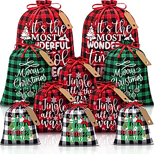 10 PCS Christmas Drawstring Gift Bags with Tags, Buffalo Plaid Xmas Gift Bags Assorted Sizes Bulk, Cotton Fabric Holiday Gift Bags Large Medium Small Wrapping Bags for Xmas Presents Decor Party Favors