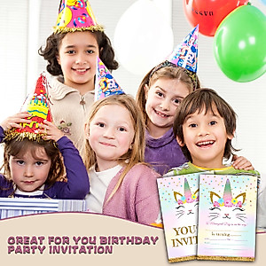 Ycyfckdr Caticorn Birthday Invitations for Kids, Kitty Unicorn Birthday Party Invitation Cards, Rainbow Cat Floral Party Celebration Supplies Decoration -20 Fill in Invitations with Envelopes (B03)